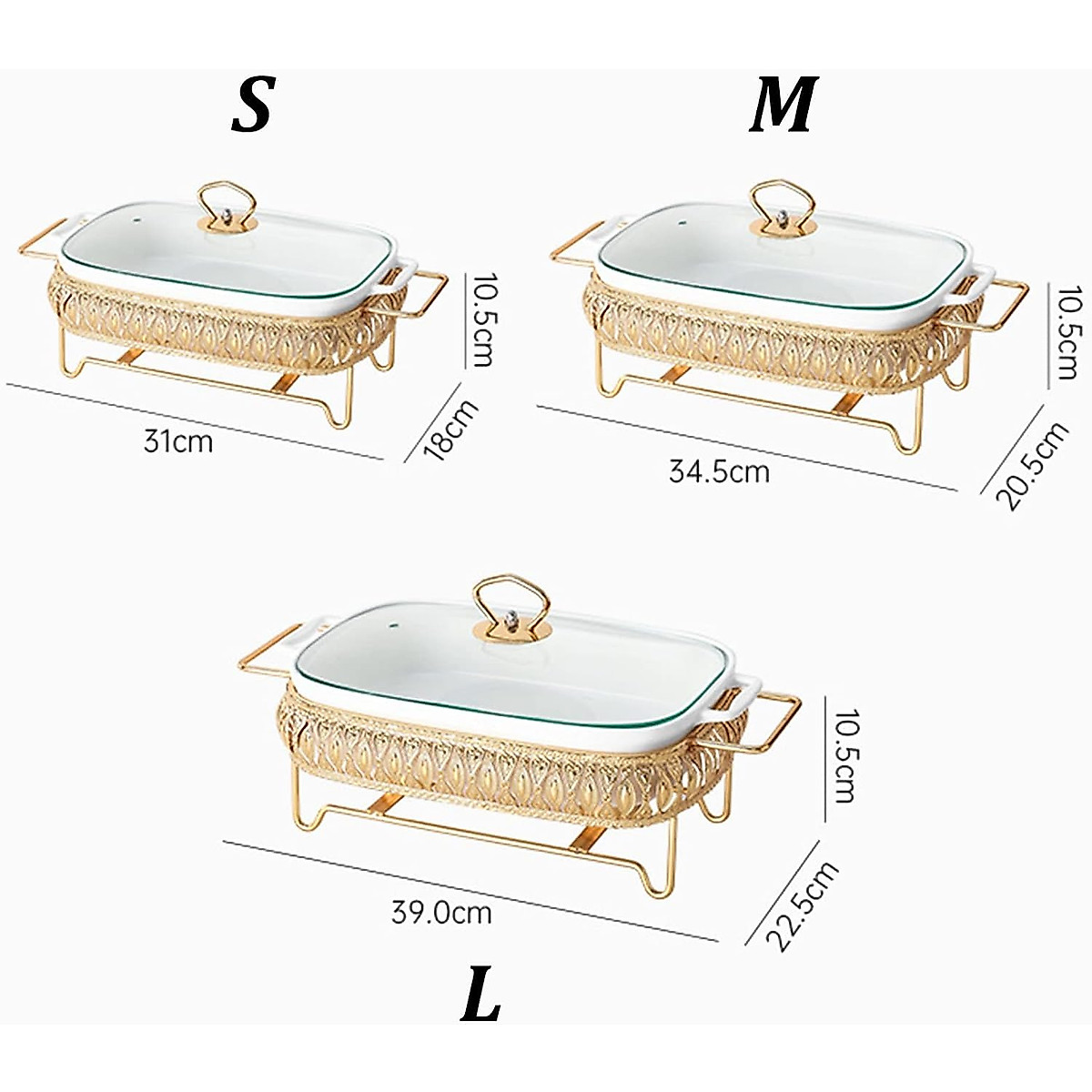 HONHPD 3 Pieces Set Gold Ceramics Chafing Dish Buffet Set, Full Size Chafers and Buffet Warmers W/Glass Lid, Underglaze Rectangle Food Warming Tray for Weddings Party（11inch, 13inch, 15inch）