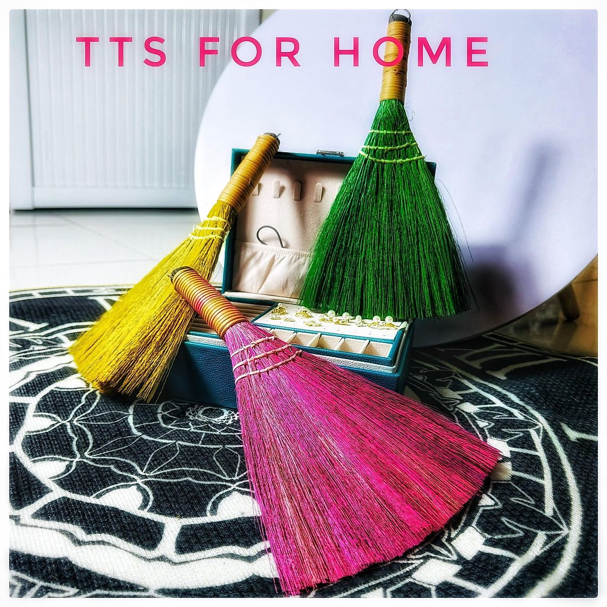 TTS For Home Set of 3 Broom for Kid - Vietnamese Color Natural Straw Soft Broom - Small Whisk Broom (13.19 inch Length, 8.66 inch Width)