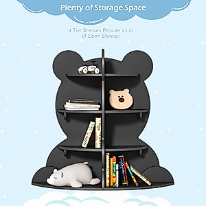 HedoAjim Kids Bookshelf Little Bear Toddler Book Rack 4-Tier Baby Child Bookcase Toy Organizer Book Storage Wood Display Stand Shelf for Nursery Playroom Bedroom Classroom Kindergarten