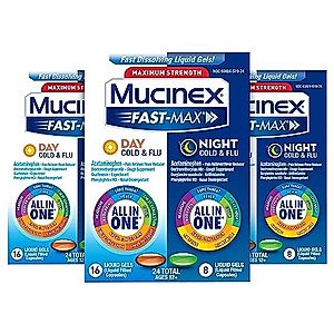 Mucinex Fast-Max Max Strength, Day Cold & Flu & Night Cold & Flu Liquid Gels (Pack Of 3), 72 Count (Packaging May Vary)