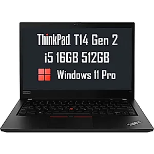 Lenovo ThinkPad T14 Gen 2 14" FHD (Intel 4-Core i5-1135G7, 16GB RAM, 512GB SSD, UHD Graphics) IPS Business Laptop, Backlit, Fingerprint, 2 x Thunderbolt 4, Webcam, 3-Year Warranty, Windows 11 Pro