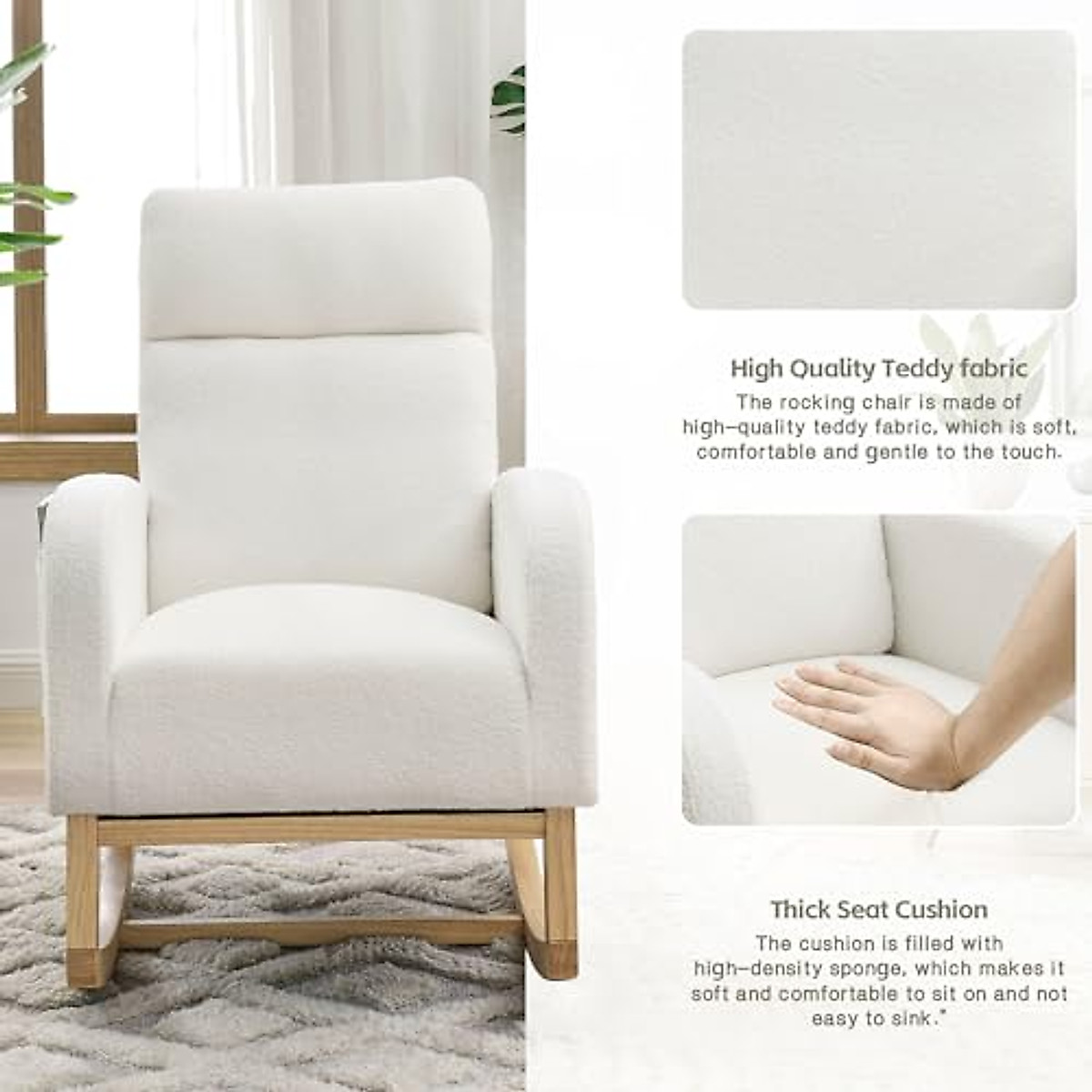 JEEOHEY Rocking Chair Nursery,Teddy Fabric Upholstered Baby Glider Rocker Chair,Comfy Accent Arm Chair with Side Pockets&Solid Wood Legs,Modern Nursing Single Sofa Chair for Living Room,Bedroom(White)