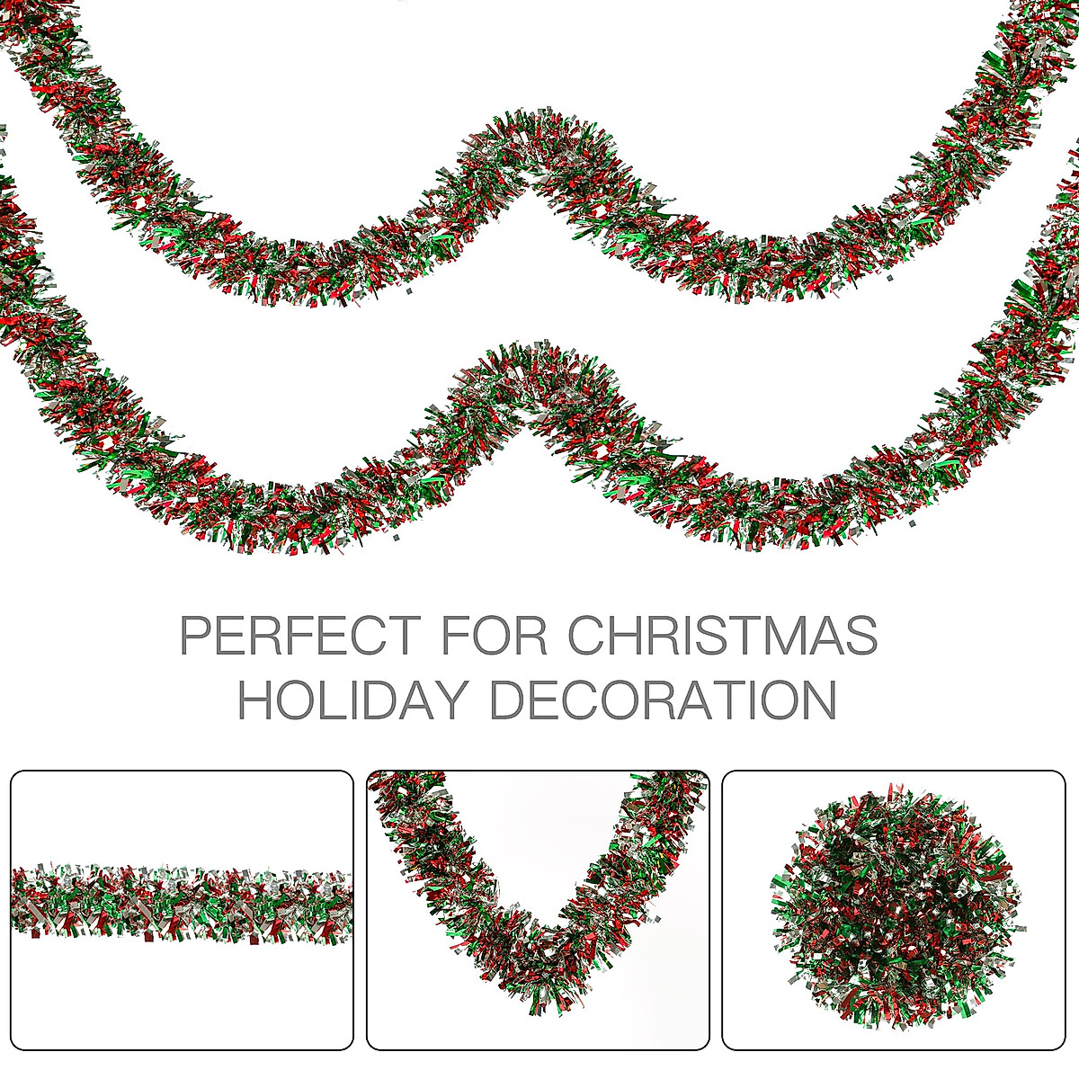Sggvecsy 49.2Ft Christmas Green Red Silver Tinsel Garland Xmas Tree Decorations Christmas Metallic Twist Garland Ceiling Hanging Decorations for New Year Party Birthday Holiday Indoor Outdoor Supplies
