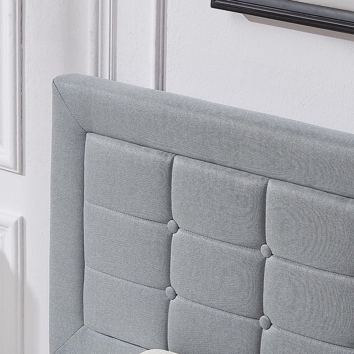 VECELO Twin Size Bed Frame with Adjustable Headboard, Upholstered Button Tufted Platform Bedframe with Wood Slats Support, No Box Spring Needed, Moon Grey