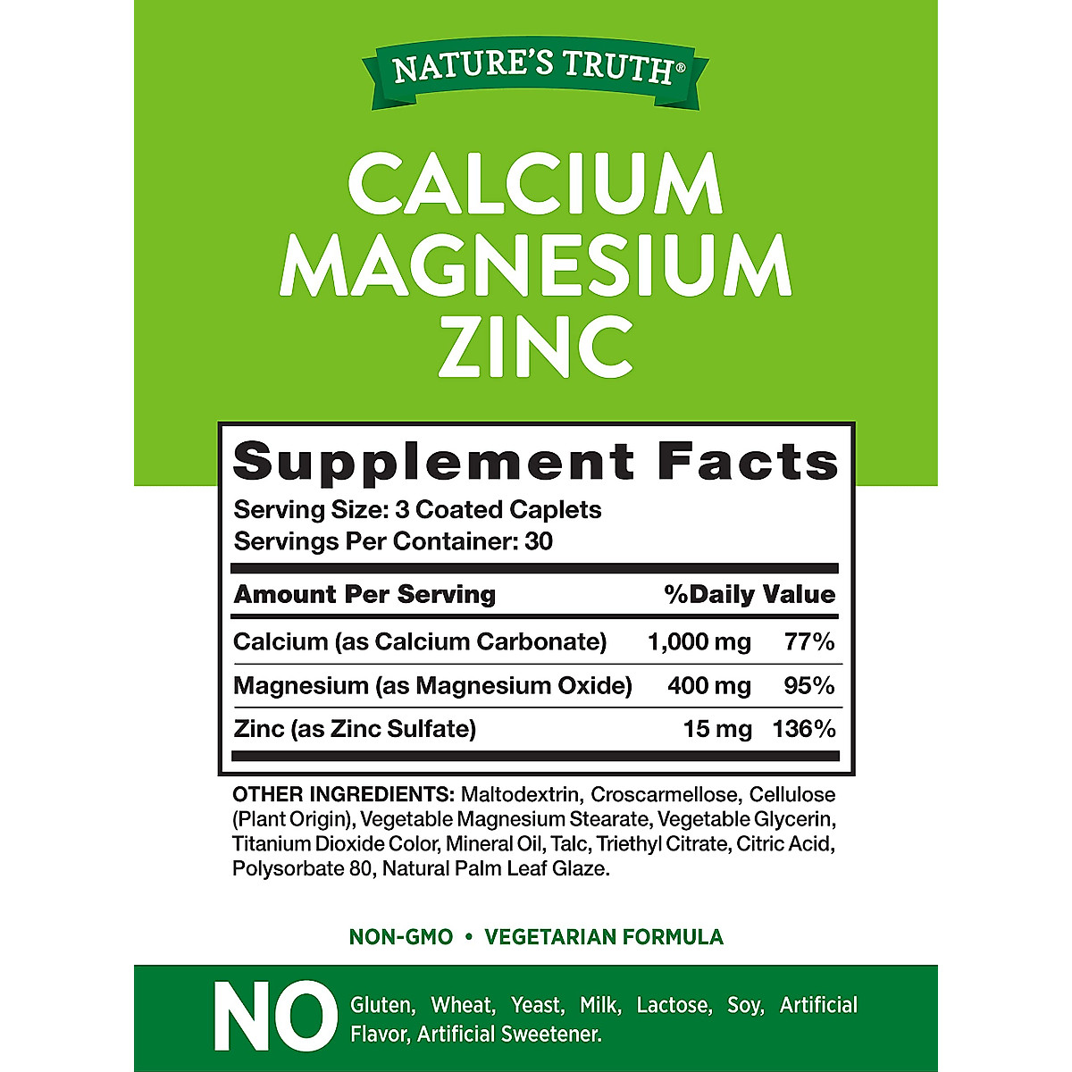 Calcium Magnesium Zinc Supplement | 90 Caplets | Non-GMO and Gluten Free | by Nature's Truth