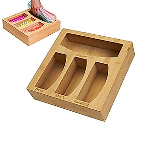 Bamboo Food Storage Ziploc Bag Organizer - Perfect for a Kitchen Drawer and Kitchen Organization - Plastic Ziploc Bags Storage Compatible with Gallon, Quart, Sandwich & Snack Variety Size Bags
