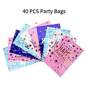 PintreeLand Medium(6.7 * 9.8inch) Happy Birthday Party Favor Bags 40 PCS Plastic Goodies Loot Bags Bulk for Kids Baby Girls & Boys Birthday Return Gift (B Style 40 Packs)