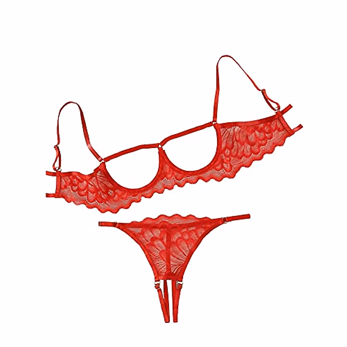 Lilosy Women's Sexy Underwire Floral Lace Sheer Lingerie Set See Through Bra and Panty 2 Piece Red Medium