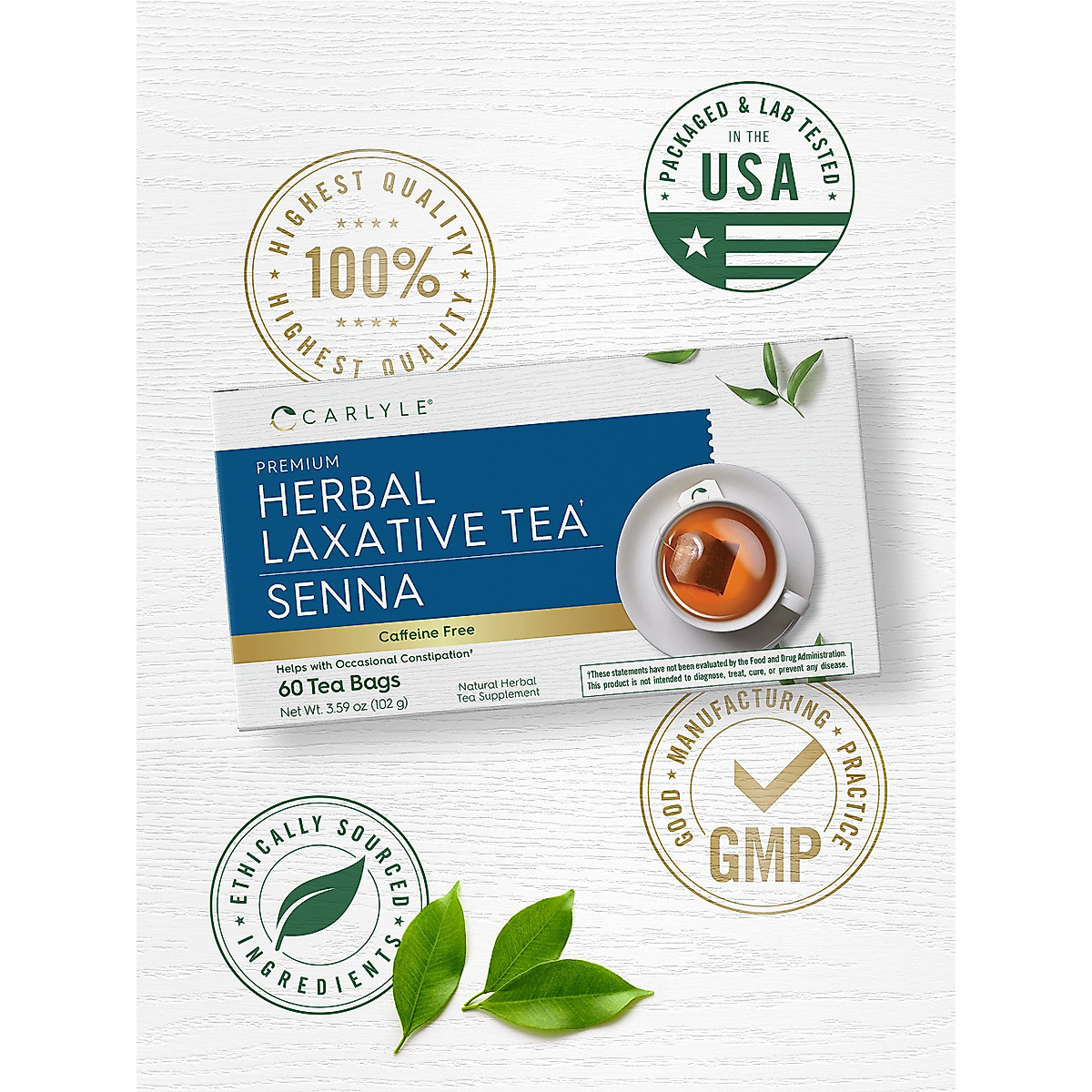 Carlyle Herbal Laxative Senna Leaf Tea | 60 Tea Bags | No Caffeine | Helps with Occasional Constipation | Vegetarian, Non-GMO & Gluten Free