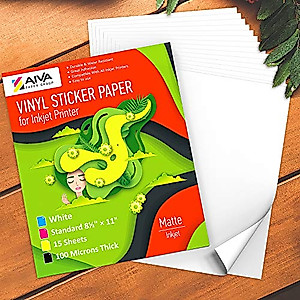 Printable Vinyl Sticker Paper for Inkjet Printer - Matte White - 15 Self-Adhesive Sheets - Waterproof Decal Paper - Standard Letter Size 8.5"x11"