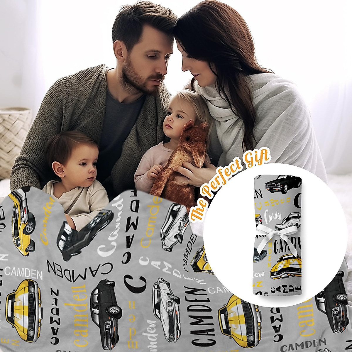 ZOTIMEF Custom Name Car Blanket for Kids - Multi-Fonts Names with Cars Theme Design - Personalized Soft Plush Flannel Blanket for Boys Girls Holidays Birthdays Gifts Grey & Yellow