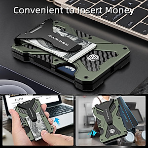 Minimalist Wallet for Men- Slim Aluminum Metal Money Clip with Clear ID Card Holder, RFID Blocking, Holds up 15 Cards with Cash Clip, Ultra-Thin Tactical Carbon Fiber -Army Green