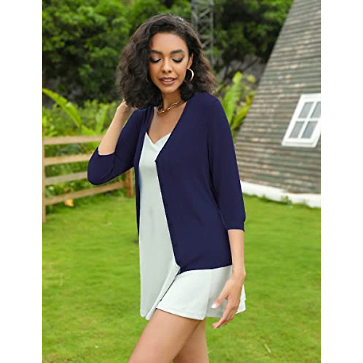 iClosam Summer Cardigans for Women Lightweight Work V Neck Knitted Cardigan 3/4 Sleeve Shrug Sweater Navy Blue