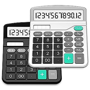 Calculators, Splaks 2 Pack Standard Functional Desktop Calculators Sola and AA Battery Dual Power Electronic Office Calculator with 12-Digit Large Display (1 Basic Black&1 Updated Silver)