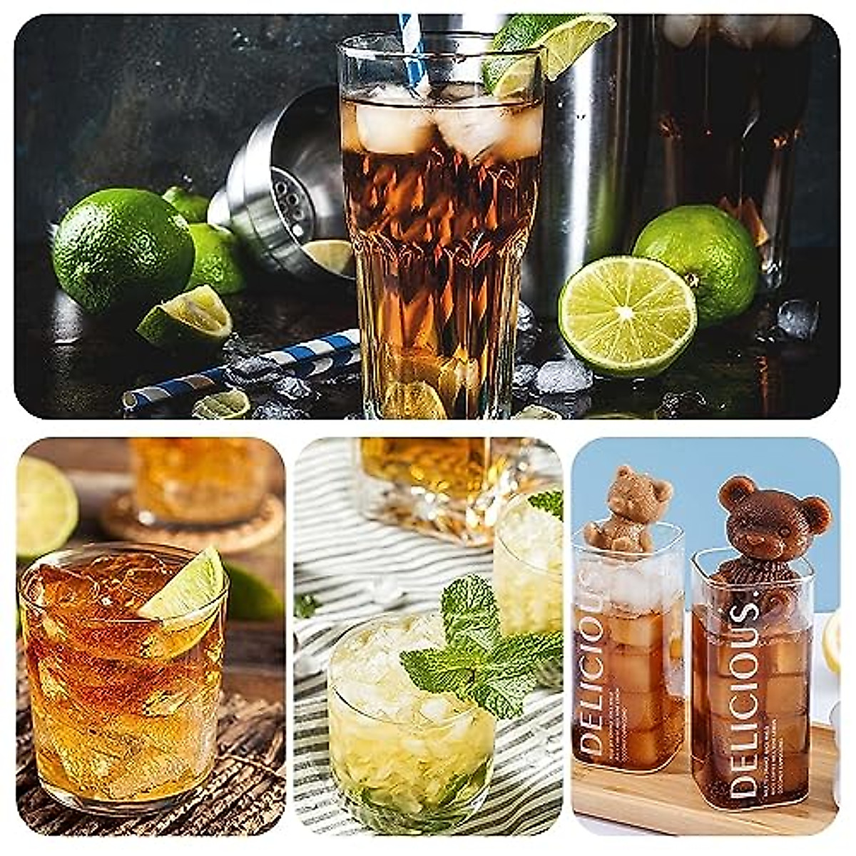 Ice Cube Trays 2 Pack, with Bear Ice Cube Mold and Removable Lid, Silicone Ice Cube Mold Easy-Release Flexible 15-cube Ice Trays and 24-cube Ice Trays for Whiskey, Cocktails