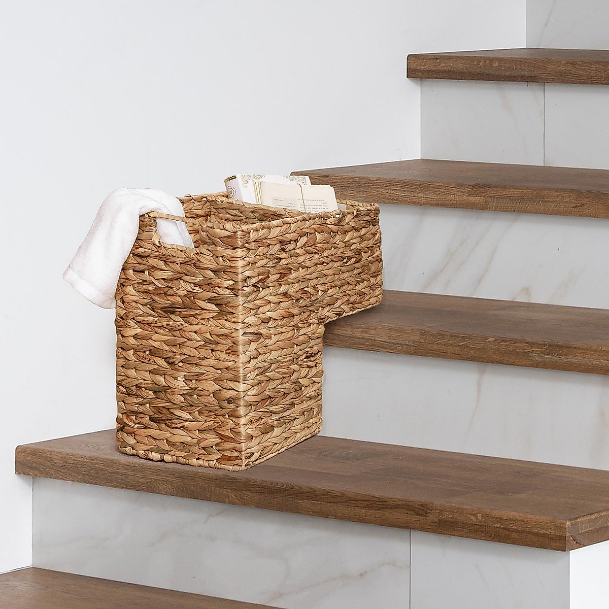 Synovana Stair Basket Water Hyacinth Storage Basket Handwoven Wicker Storage Basket Rattan Storage Organizer for Bedroom Living Room Laundry Room
