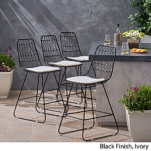 GDFStudio Outdoor Counter Stools, 26" Seats, Modern, Geometric, Black Iron Frames with Ivory Cushion (Set of 4)