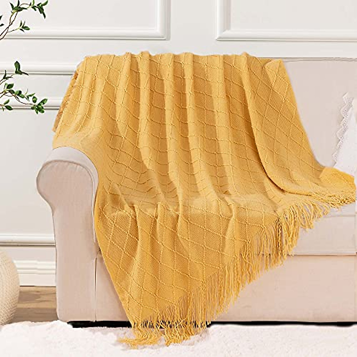 BATTILO HOME Mustard Throw Blanket with Fringe Geometric Bed Gold Yellow Throws Breathable Decorative Large Throw for Couch Sofa Indoor Outdoor (Mustard, 50"x60")
