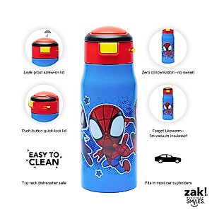 Zak Designs Marvel Spidey And His Amazing Friends Vacuum Insulated Stainless Steel Kids Mesa Water Bottle with Flip-Up Straw and Locking Spout Cover, Durable Cup for Sports or Travel (13.5oz, 18/8 SS)