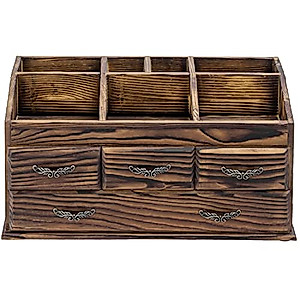 MyGift 7 Compartment Rustic Burnt Brown Wood Vanity Organizer Rack with 4 Storage Drawers for Jewelry, Perfume, Cosmetics and Hair Accessories