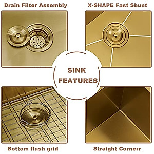 HOTIS Gold Farmhouse Sink, 30 Inch Gold Kitchen Sink, Flat Apron-Front Undermount Drop In Farm Sink, Stainless Steel Single Bowl Handmade Farmhouse Kitchen Sink, Workstation Sink With Accessories