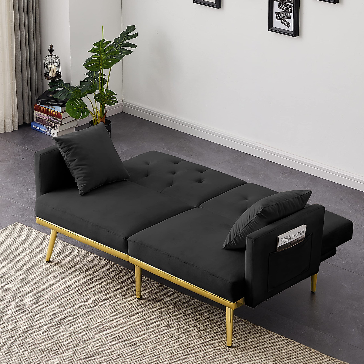 Antetek Convertible Futon Sofa Bed, 59-inch Modern Velvet Sleeper Sofa Small Loveseat with Two Pillows, 3 Adjustable Positions and 6 Golden Metal Legs Furniture for Living Room and Bedroom, Black