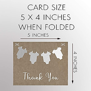 The Invite Lady Baby Shower Thank You Cards Burlap Sprinkle Jumpers Lovely Laundry Clothes Line Bodysuits Bow Tie Gender Neutral White Grey Gray Unisex (24 count)