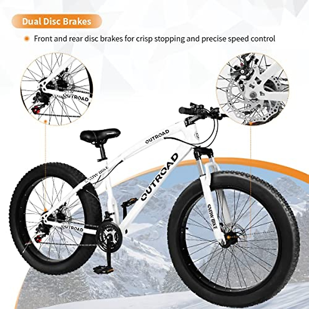 PanAme 26 inch Fat Tire Mountain Bike with 4 inch Knobby Tires, 21 Speed MTB with Dual Disc Brake, Anti-Slip Fat Bike with Front Suspension, High Carbon Steel Frame, Men and Women (White)