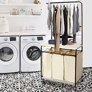 tonchean Laundry Hamper, 3 Section with Ironing Board, Removable Hanging Bar & Bags, Rolling Laundry Cart, 59"H x 29"L x 17"W, Yellow