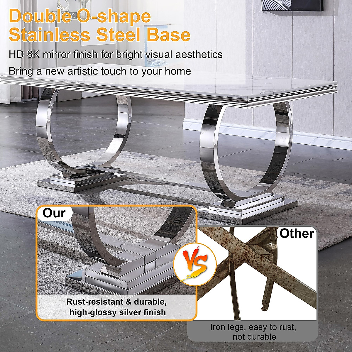 Maotifeys 70" White Marble Dining Table, Rectangle Marble Top, Silver U-Shape Stainless Steel Pedestal, Mid-Century Modern, 70" x 35" x 30"