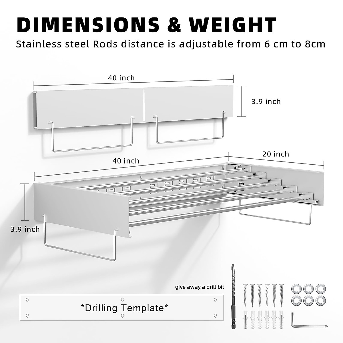 YEPATER Wall Mounted Clothes Drying Rack, Collapsible Drying Racks for Laundry Bathroom, 5 Stainless Steel Rods, 60 lb Capacity, with Wall Template Screwdriver Bit, Drill Bit, White,40 in