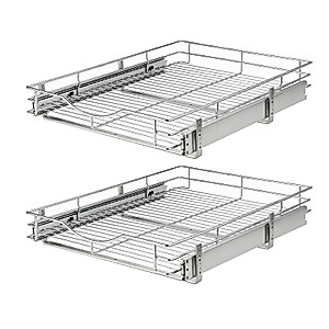 DINDON 1 Tier Pull Out Cabinet Organizer (14" W x 21" D) Heavy-Duty Metal Sliding Drawer Shelf, Slide Out Wire Basket for Kitchen Cabinets, Pantry, Bathroom, Chrome Finish…