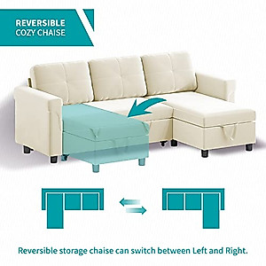 BALUS L-Shape Reversible Dutch Velvet Sleeper Sectional Sofa with Storage Chaise, Pull Out Sofa Bed, Corner Couch with Arms for Living Room, Home Furniture, Apartment, Dorm (Beige)