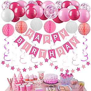 Pink Happy Birthday Party Decorations Set for Women Girls, Pre-Strung Happy Birthday Sign Banner, Pink Balloons, Tissue Paper Pom Poms, Star Garland, Hanging Swirls for Birthday Princess Party