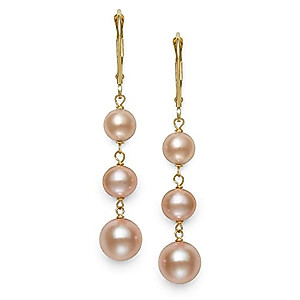 14k Yellow Gold Pink Cultured Freshwater Pearl Trio Dangle Drop Earrings