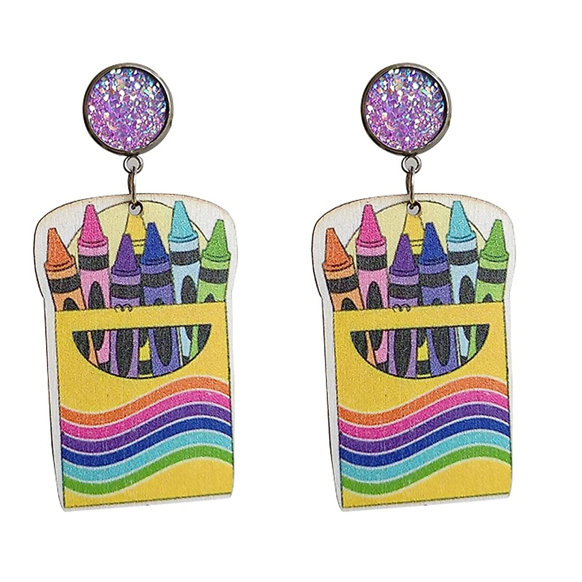 Cute Dangling Crayon Teachers Earrings for Women Handmade Funny Pencil Book Wood Drop Dangle Earrings Rainbow Lightweight Acrylic Reading Earrings Gifts -Style 1