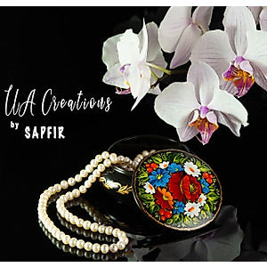 Gift Jewelry Box for Earrings, Necklace, Rings, Round Wooden Case with Hand Painted Flowers on Black Lacquer, for Girls and Women, Made in Europe (Rose)