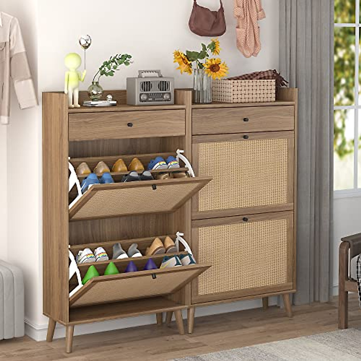 Goujxcy Natural Rattan Shoe Cabinet with 2 Flip Drawers, Farmhouse Shoe Storage Cabient for Heels, Boots, Slippers, Slim Wood Freestanding Shoe Rack Organizer for Entryway, Hallway, Bedroom,Walnut