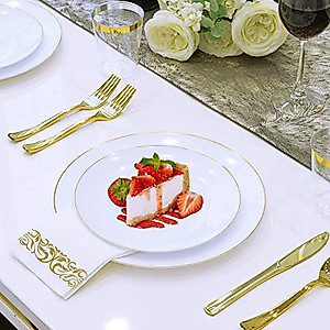 Vplus 175 Count Gold and White Plastic Plates Sets, Disposable Dinnerware Sets for Wedding Party