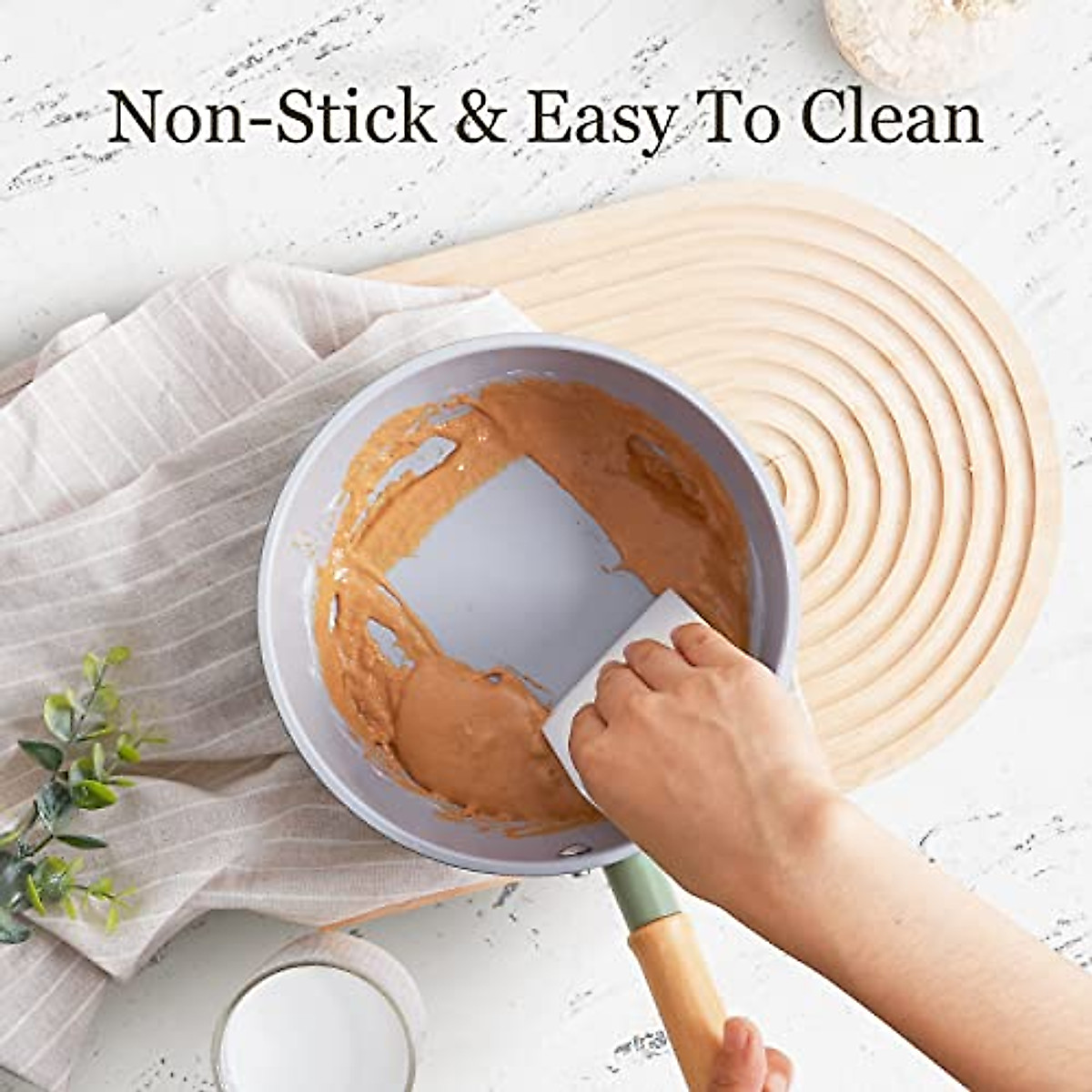 ROCKURWOK Ceramic Nonstick Sauce Pan, 1.5QT and 2QT Saucepan Pot Set, PFAS-Free, Non Toxic & PFAS-Free, Wooden Handle for Cool Touch, Universal Base(Gas, Electric & Induction), Green