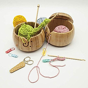AUSUKY Wooden Yarn Bowl Holder Knitting Crochet Yarn Wool Storage Organizer with Lid (Bowl Holder with Lid)