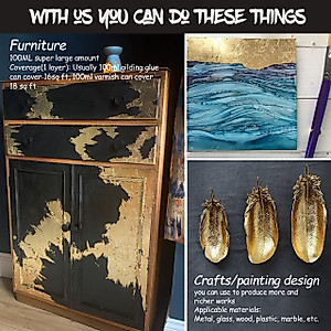 Gold Leaf Kit, Gilding Adhesive 200ml Set, Water Based Adhesive and Protective Varnish Whit Gold Leaf Sheet 100 pc, for Craft Supplies, Painting, Resin Arts Furniture and Decoration