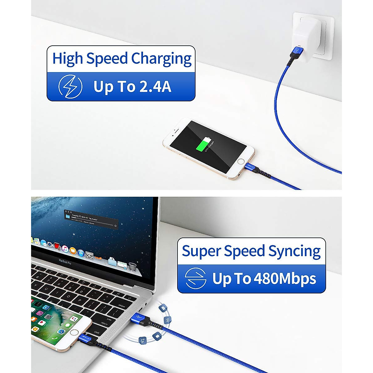 JSAUX iPhone Charger Cable [2-Pack 6ft], MFi Certified Lightning Cable iPhone Fast Charging Charger Cable Cord Compatible with iPhone 13 12 11 Xs Max X XR 8 7 6s 6 Plus 5, iPad, iPod - Blue