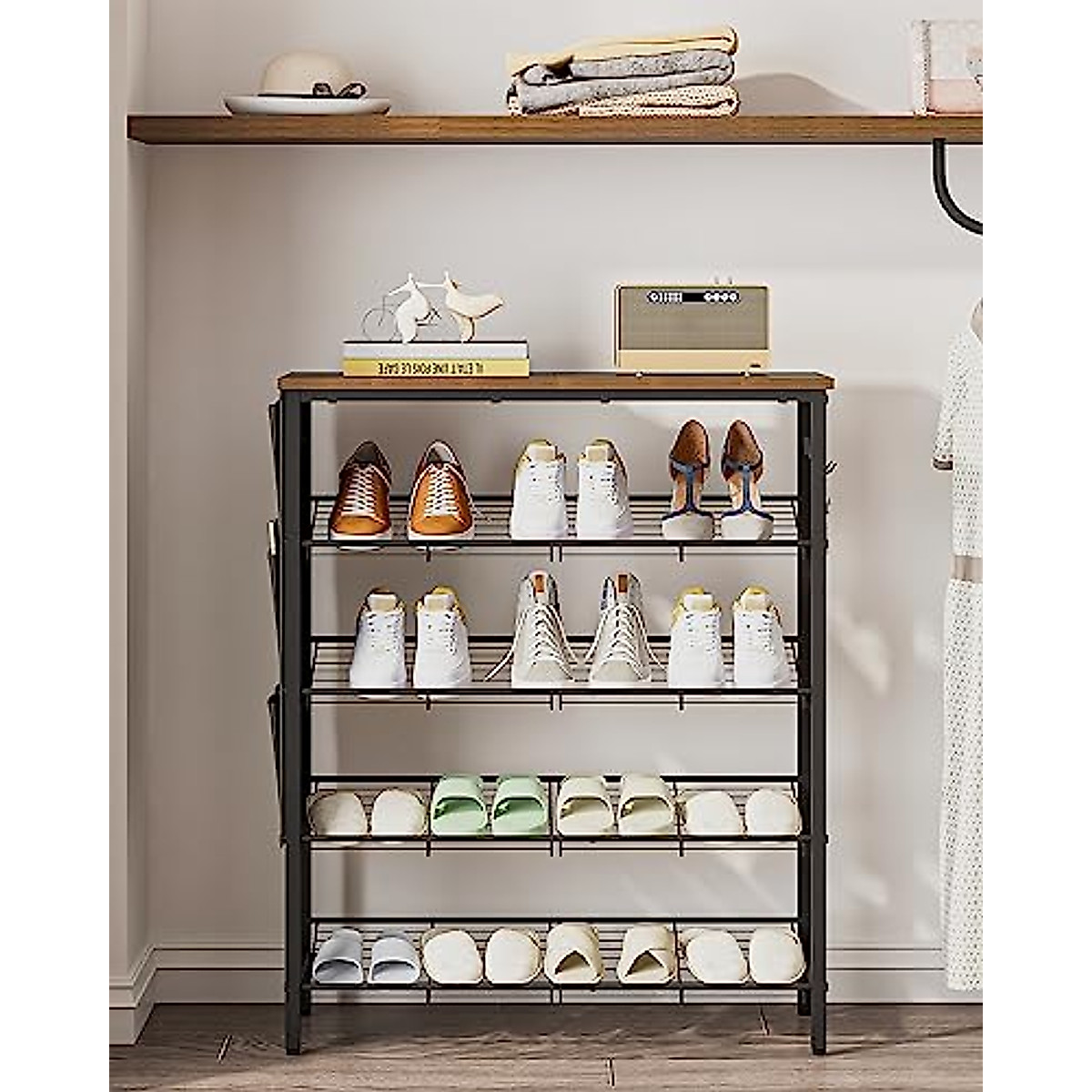 Hzuaneri 5 Tier Shoe Rack, Free Standing Shoe Storage for Entryway, Adjustable Shoe Organizer Shelves with 1 Side Pocket and 2 Hooks, Steel, Industrial, Rustic Brown and Black SR04101B