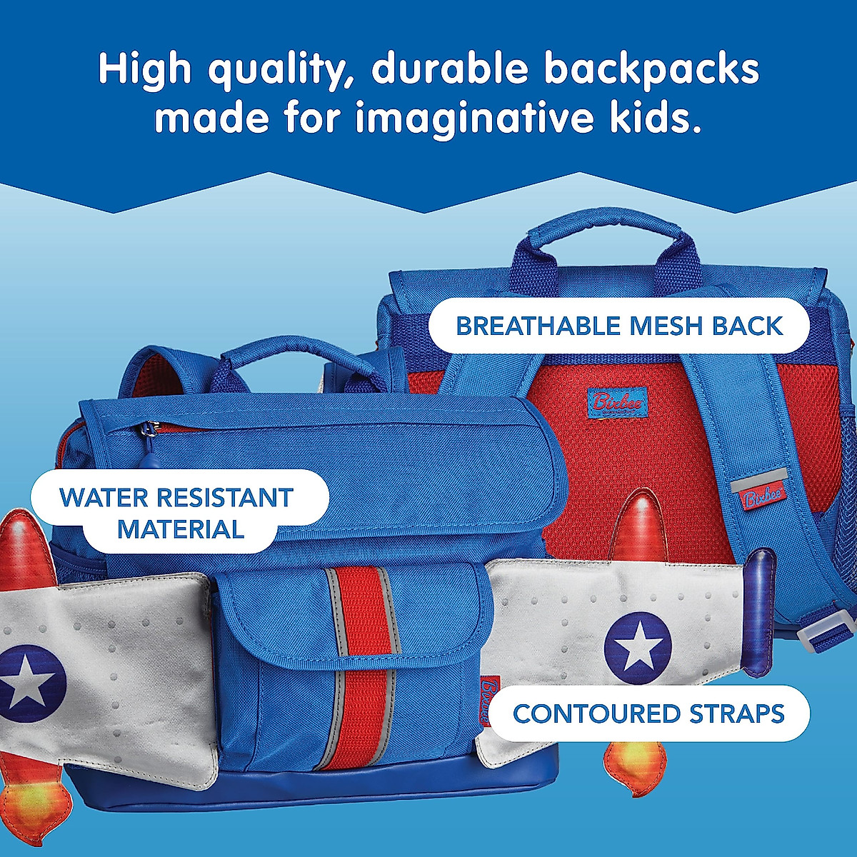 Bixbee Little Boy's Rocketflyer Backpack, Blue Rocket Bookbag with Wings