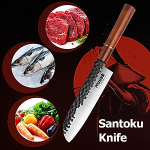 Huusk Japan Chef Knife Set, Santoku Japanese Kitchen Knife 7 inch and Nakiri Knife Vegetable & Fruit Knife 7inch, Hand Forged Cooking Knives
