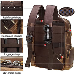 Masa Kawa Vintage Full Grain Leather 15.6" Laptop Backpack for Men Large Camping Travel Rucksack Weekender Daypack, Brown