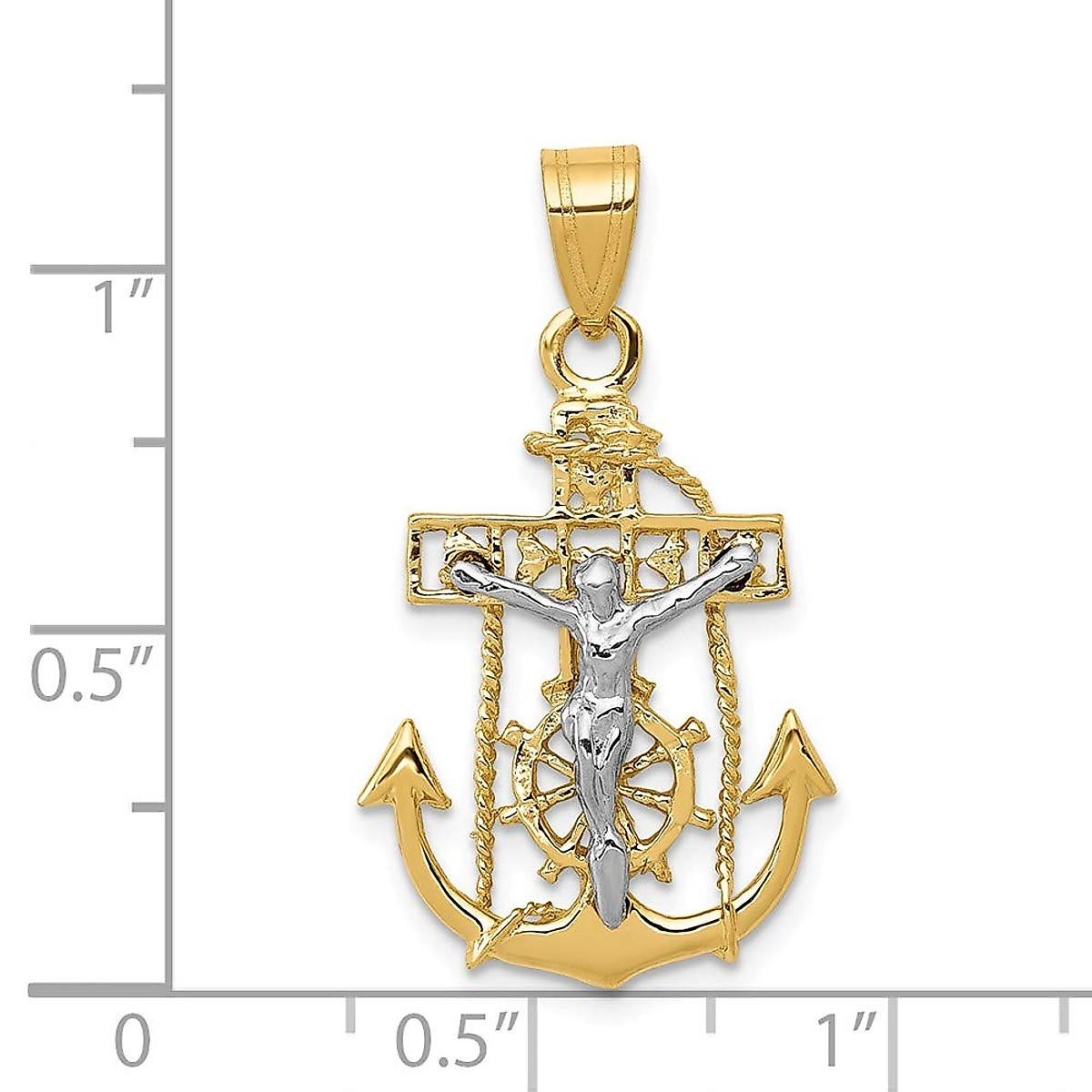Solid 14k Yellow and White Gold Two Tone Anchor Mariners Cross Pendant Charm - 29mm x 17mm