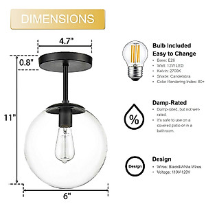 Mid Century Modern Globe Semi Flush Mount Ceiling Light Fixture, Clear Glass with Finish, Black 1-Light Sphere Glass Pendant Lights for Aisle Porch Stairway Closet Kitchen Laundry Room(Bulb Incl.)