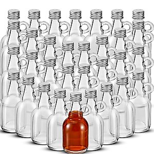 Suclain 32 Pcs 1.7oz Glass Syrup Bottles with Aluminum Lids and Loop Handle Clear Glass Bottles Reusable Maple Syrup Jars Syrup Container Stout Sample Bottles for Potion Juice Milk Storage Sauce Oil